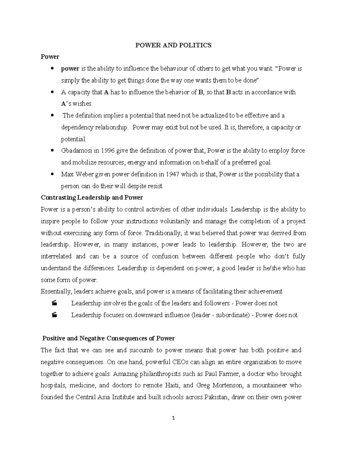 Power and Politics - Lecturer notes - POWER AND POLITICS Power power is ...