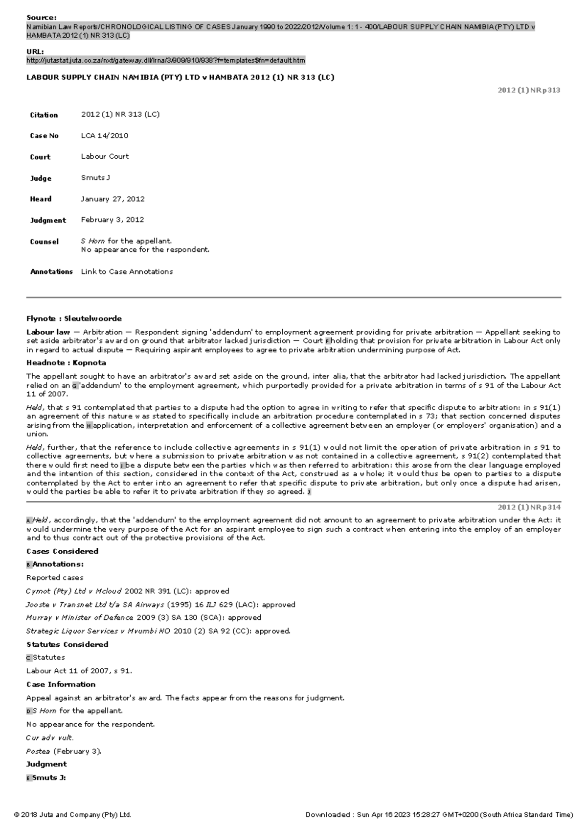 Labour Supply Chain Namibia (PTY) LTD v Hambata 2012 (1) NR 313 (LC ...