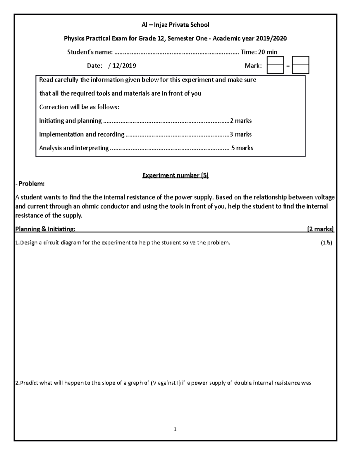 Physics Practical exam for grade 12 2019 - 20 - Experiment five - Al ...