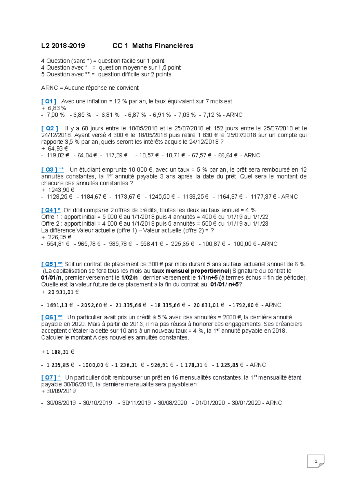 L2 correction CC maths financières - L2 2018-2019 CC 1 Maths Financières 4 Question (sans ...