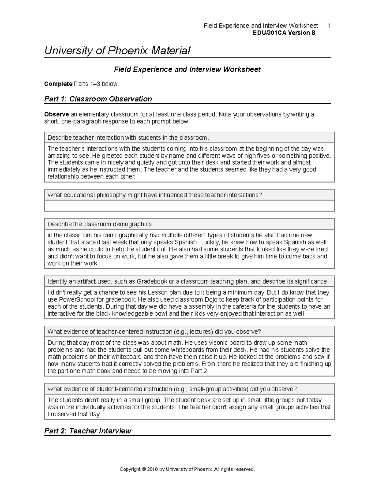 Edu301ca r8 field experience and interview worksheet - Field Experience ...