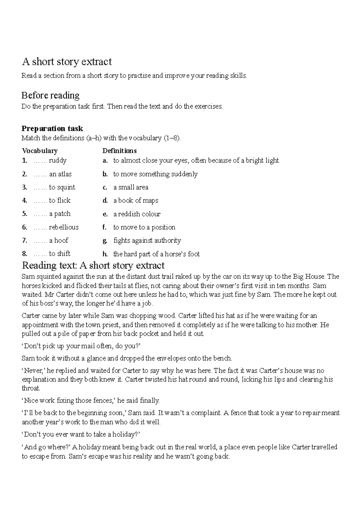 Reading A short story - nnnn - A short story extract Read a section ...