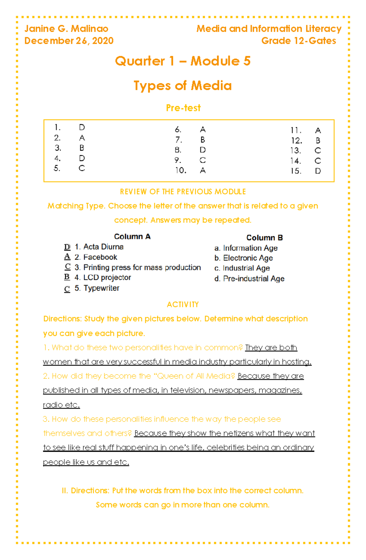 MIL Q1 Module 5 - Quarter 1 – Module 5 Types of Media Pre-test REVIEW ...