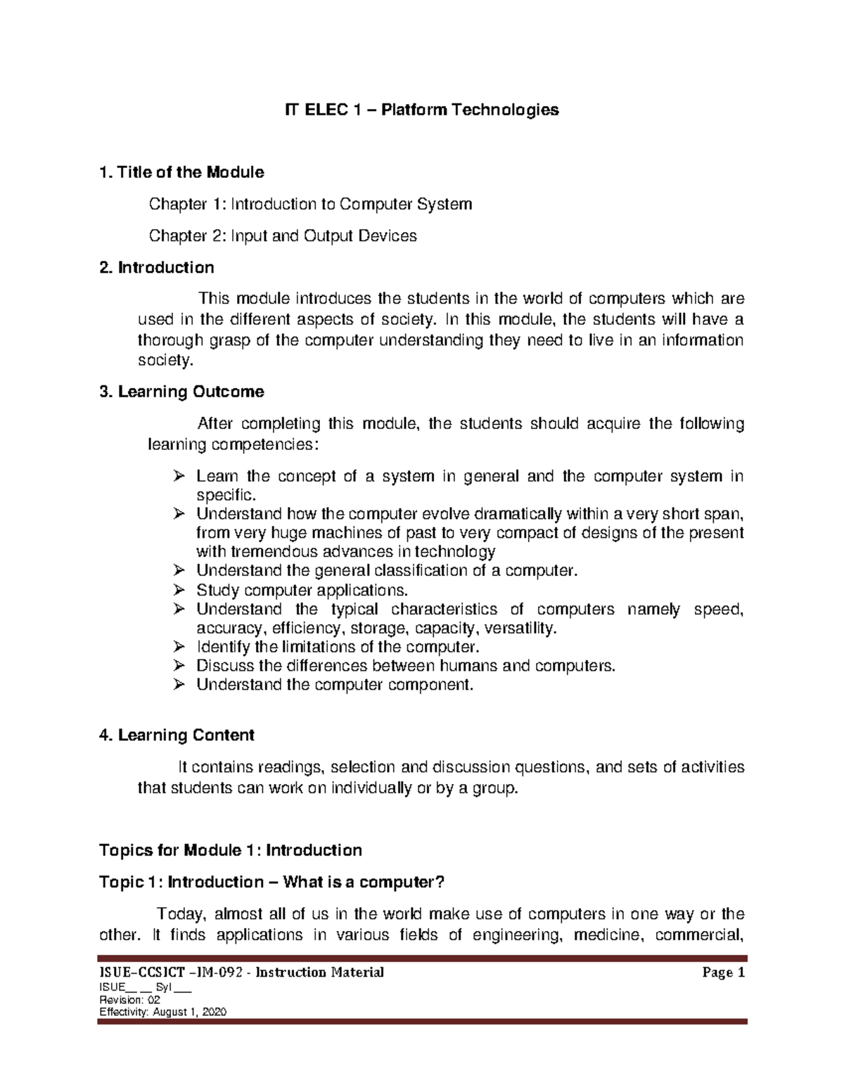 Module 1 week1 and 2 platform technologies pdf - ISUE–CCSICT – IM-092 ...