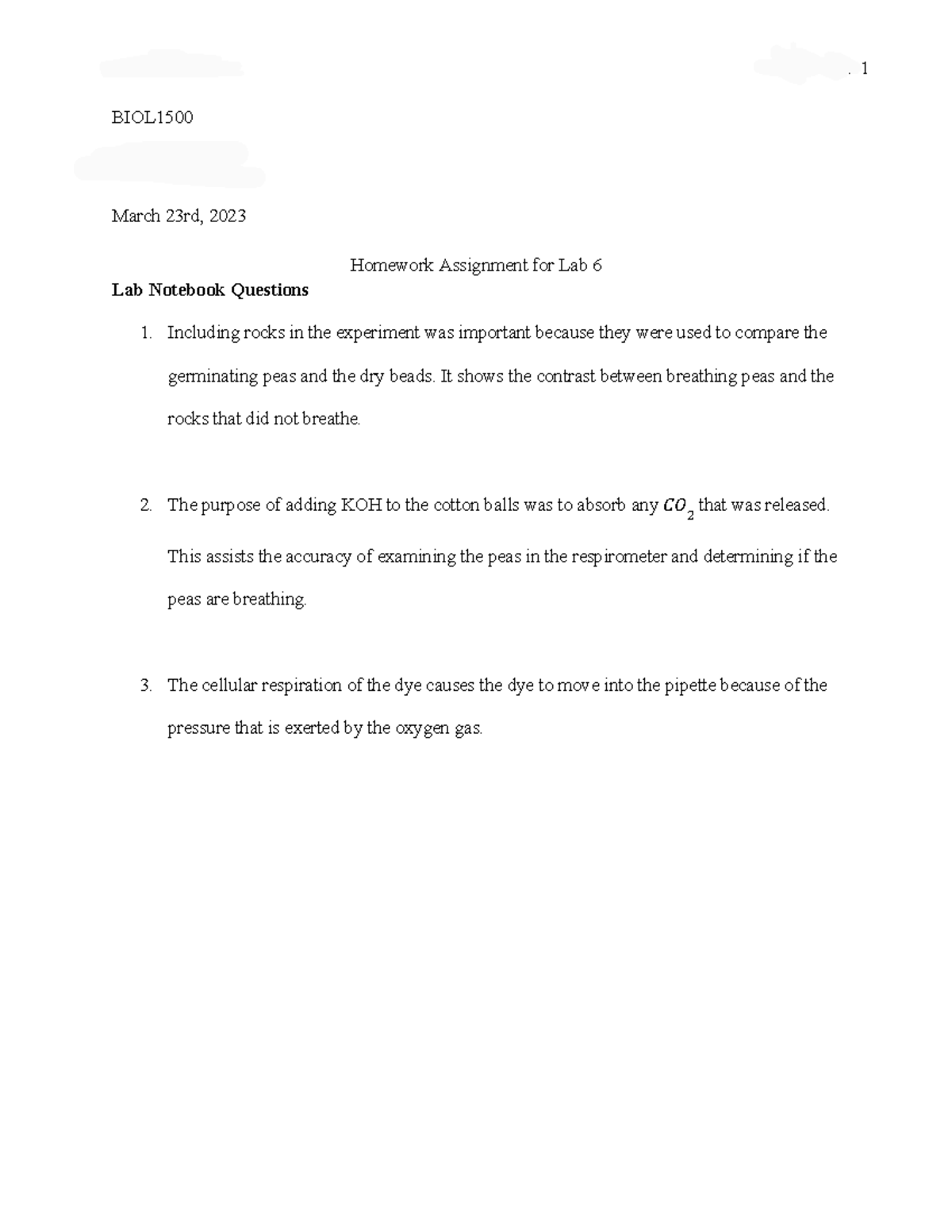 Biol1500 Homework Assignment For Lab 6 Isabela Cifuentes Cifuentes 1