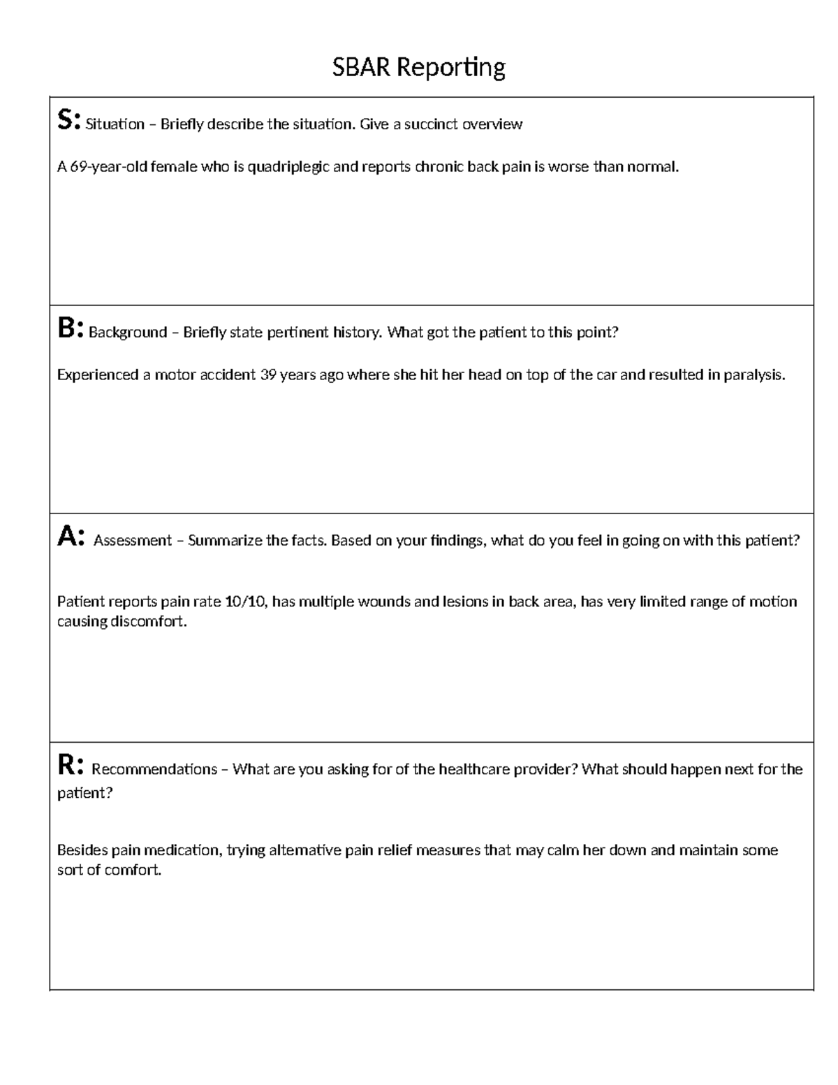 SBAR Reporting - SBAR report - SBAR Reporting S: Situation – Briefly ...