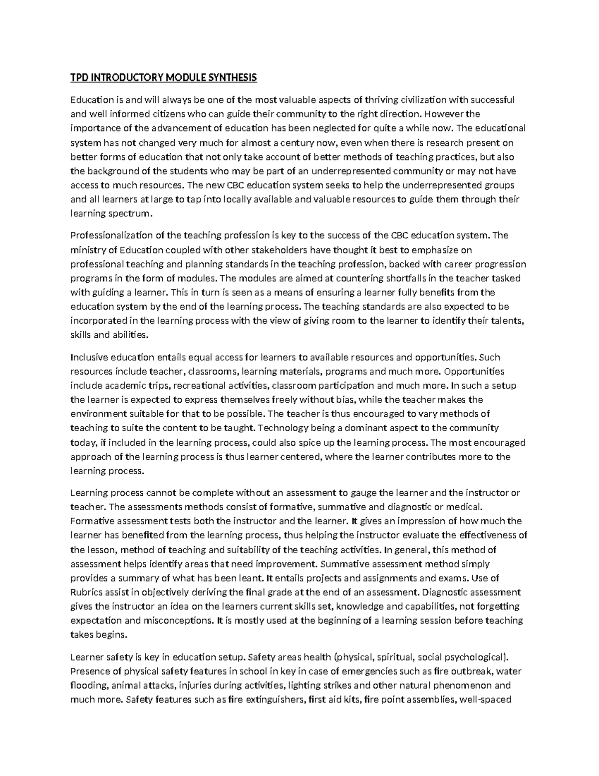 TPD Synthesis - TPD INTRODUCTORY MODULE SYNTHESIS Education is and will ...