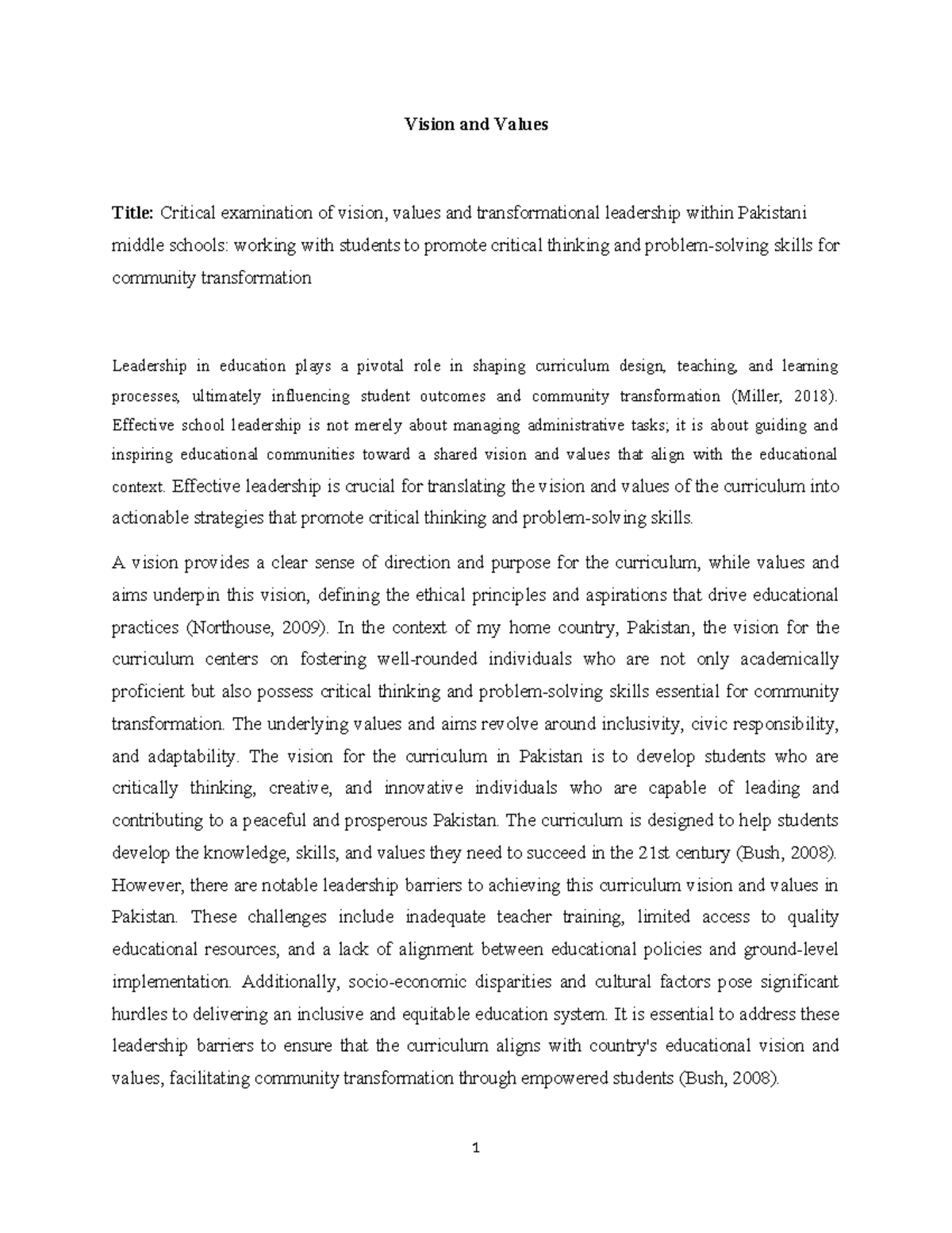 Vision and Values - Vision and Values Title: Critical examination of ...