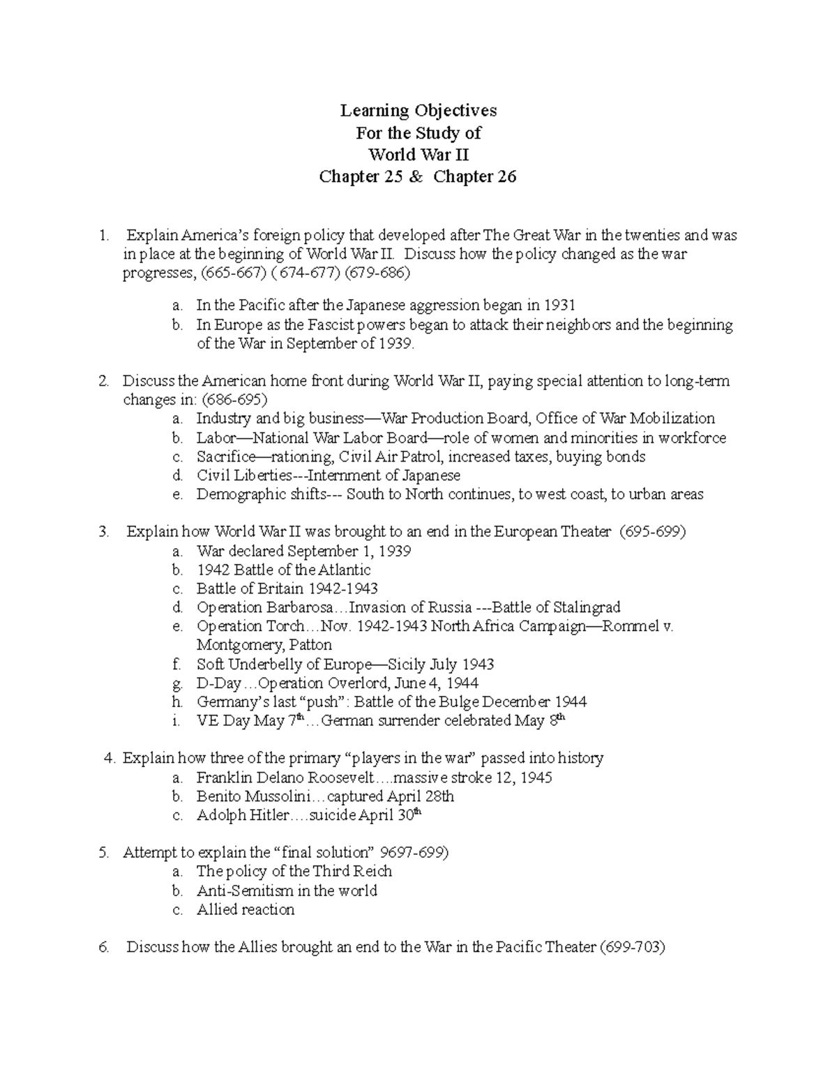 Learning Objectives for World War II - Learning Objectives For the ...