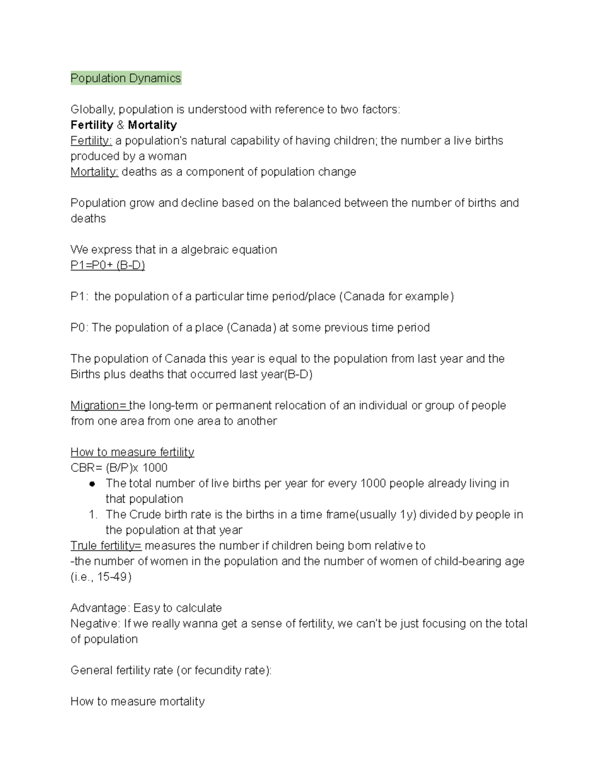 Envsocty 1HB3-lec 10 - Lec notes - Population Dynamics Globally ...