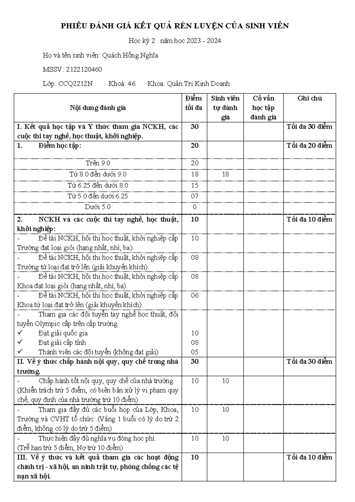 Quach Hong Nghia - Rất nhiều - PHIẾU ĐÁNH GIÁ KẾT QUẢ RÈN LUYỆN CỦA ...