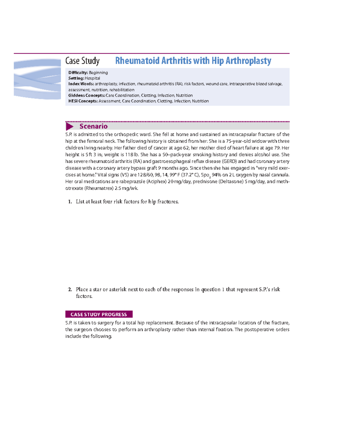 Rheumatoid Arthritis with Hip Arthroplasty Case Study - u Scenario S ...