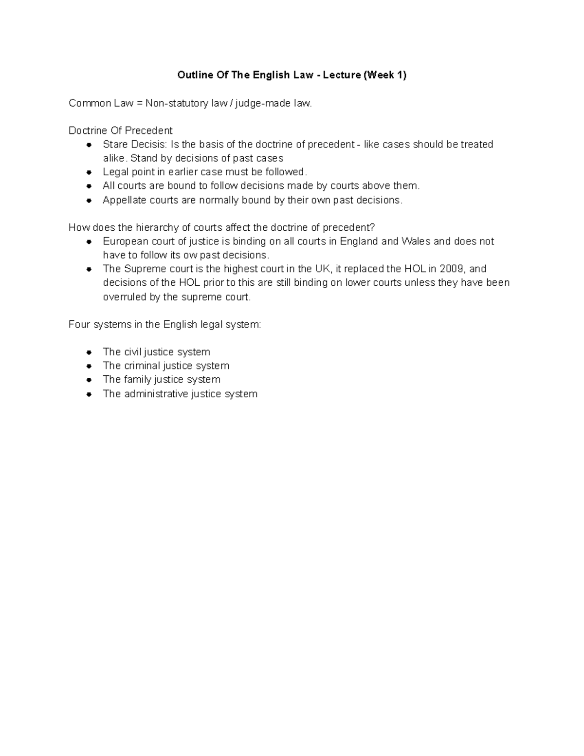 Outline Of The English Law - Lecture (Week 1) - Doctrine Of Precedent ...