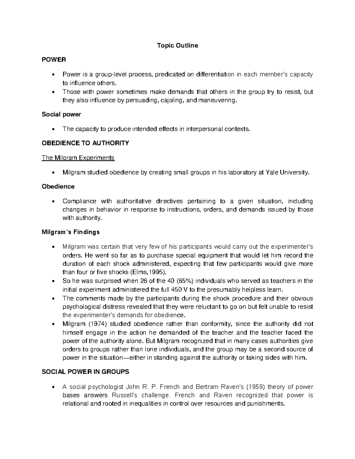 Topic- Outline- Power - social psychology - Topic Outline POWER Power ...