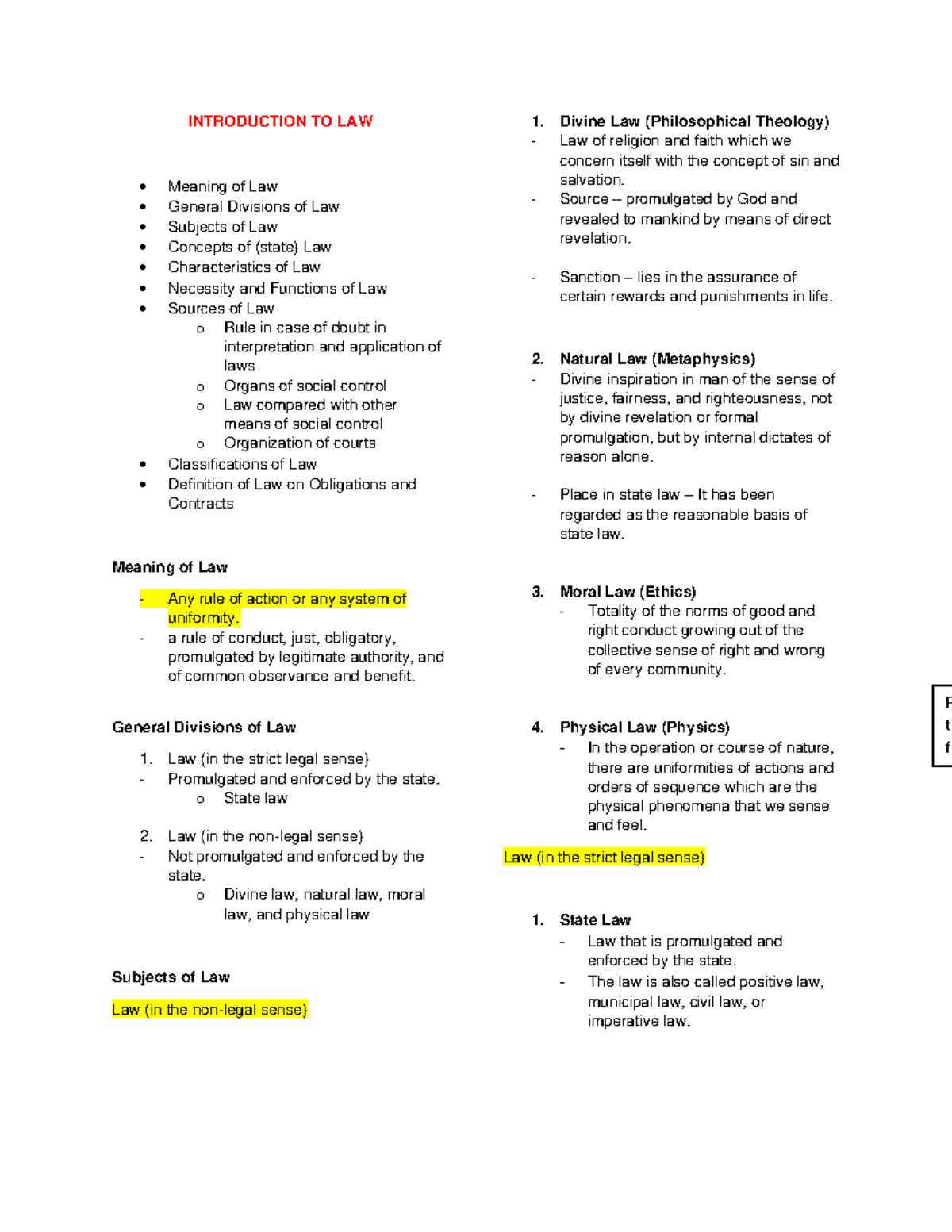 Intro to Law - INTRODUCTION TO LAW Meaning of Law General Divisions of ...
