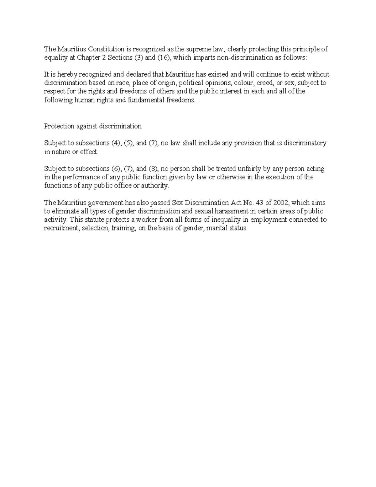 Law 1 - law - The Mauritius Constitution is recognized as the supreme ...