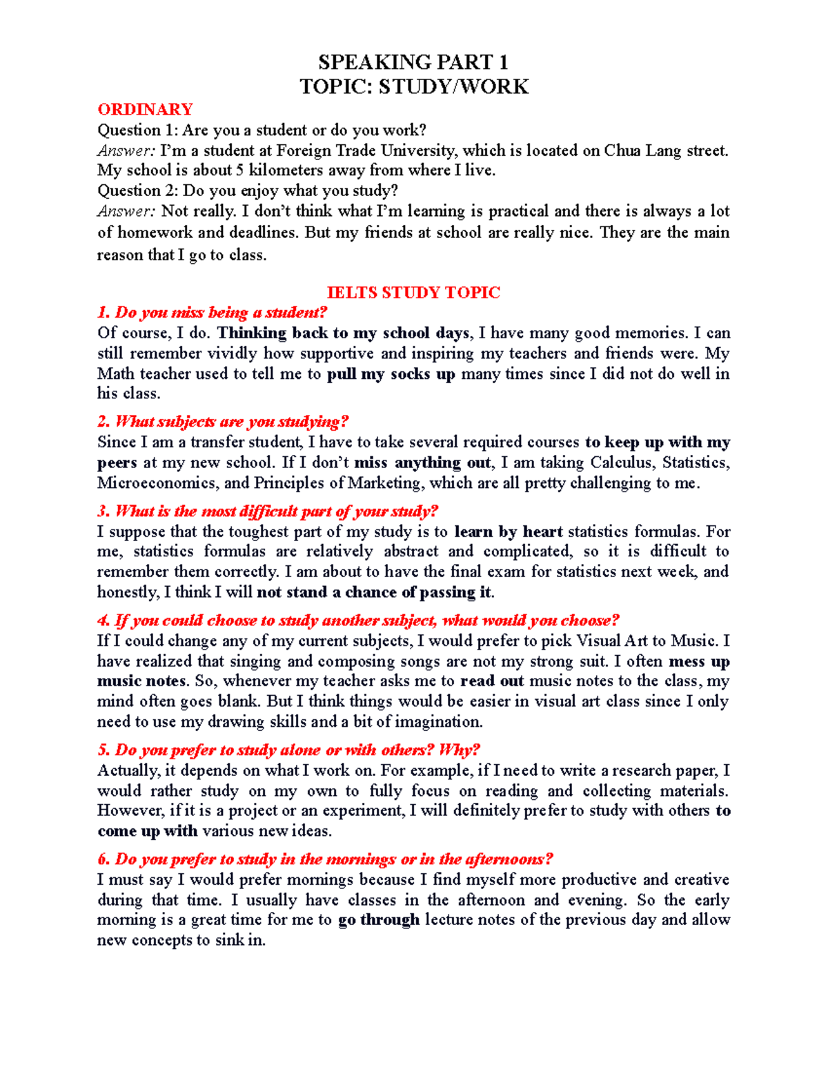Study, work speaking part 1 - TOPIC: STUDY/WORK ORDINARY Question 1 ...