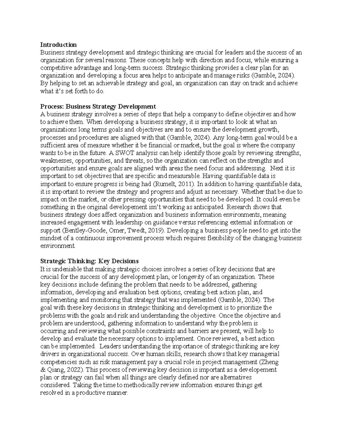 Busi 770 week 1 discussion - Introduction Business strategy development and strategic thinking ...