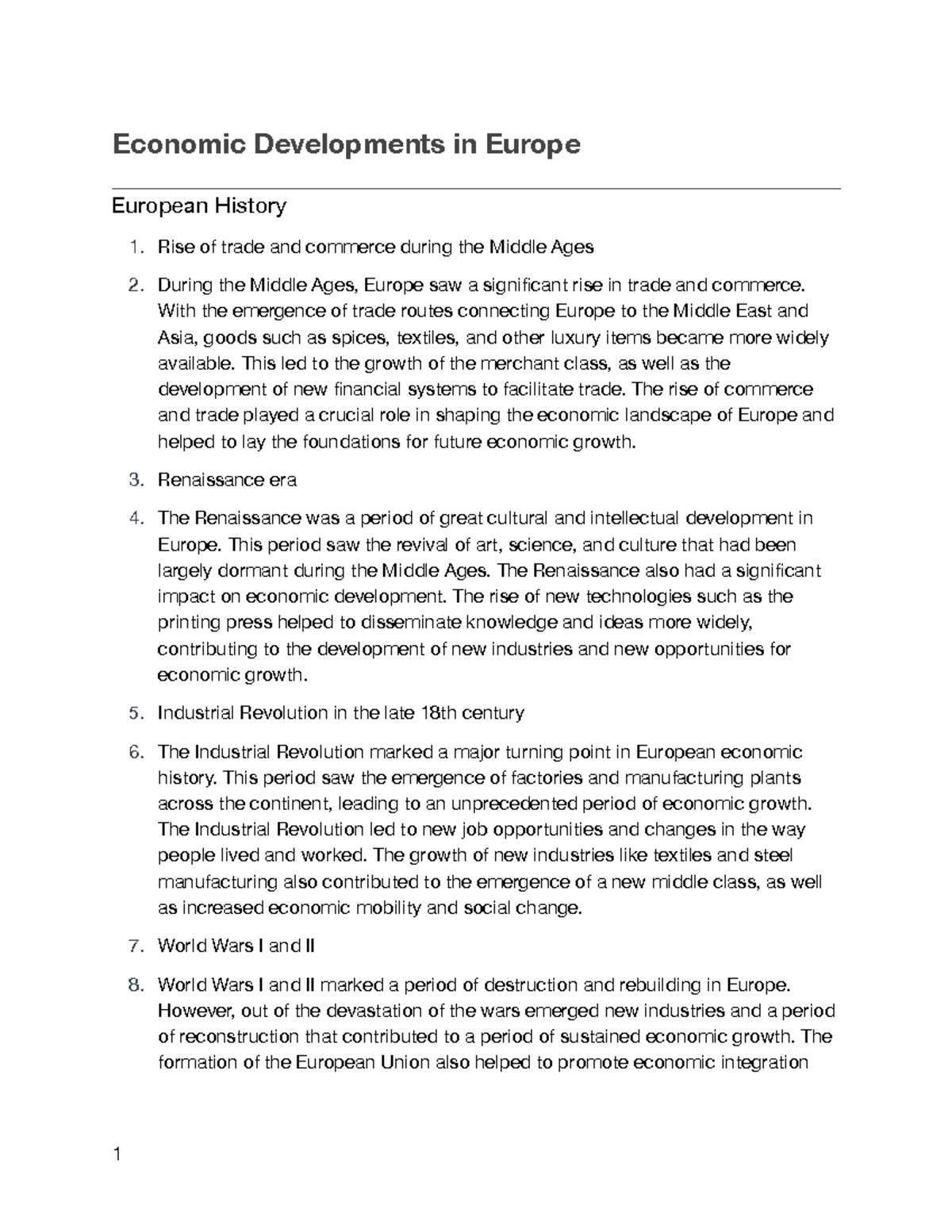 Economic Developments in Europe Notes - Economic Developments in Europe ...