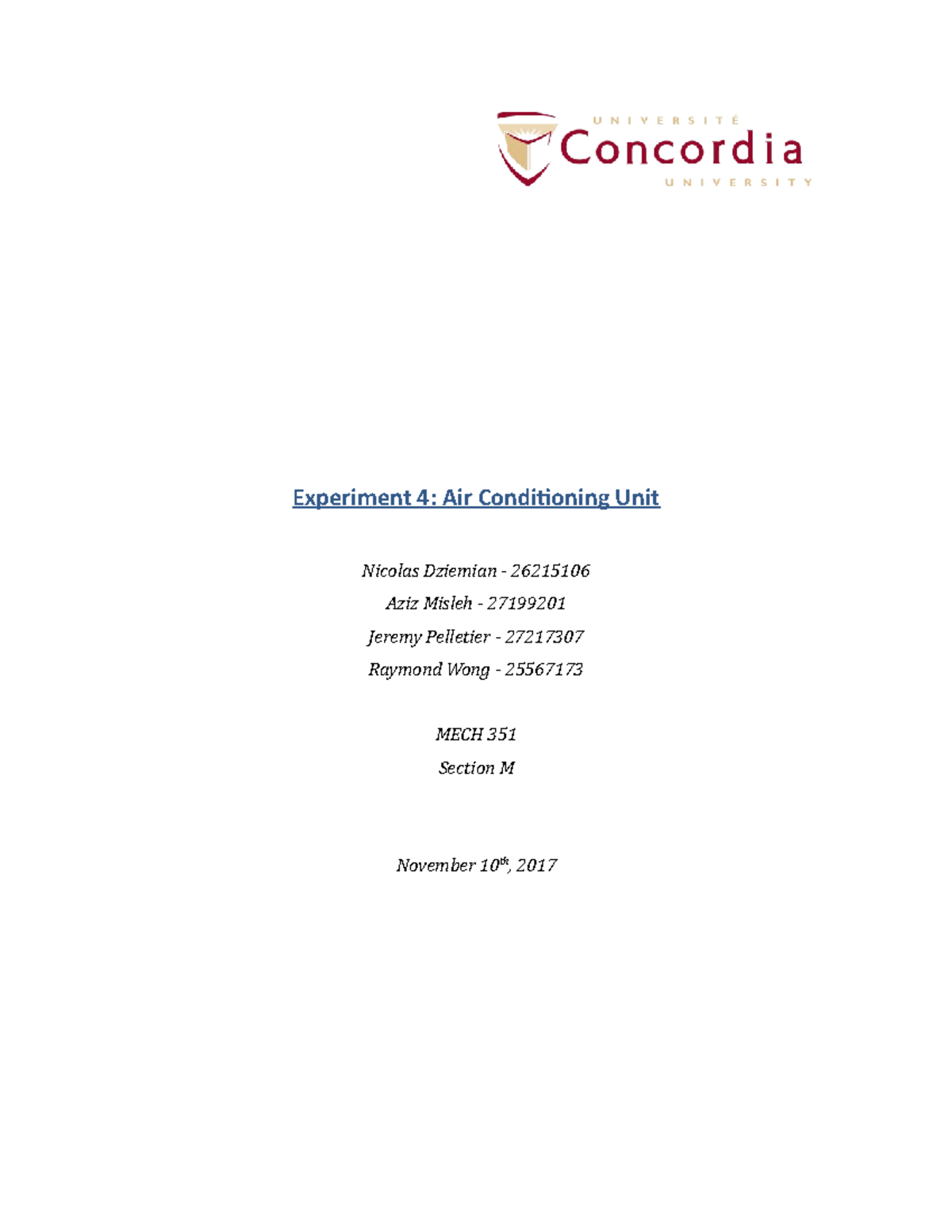 MECH 351 Lab 4 - lab report - Experiment 4: Air Conditioning Unit ...