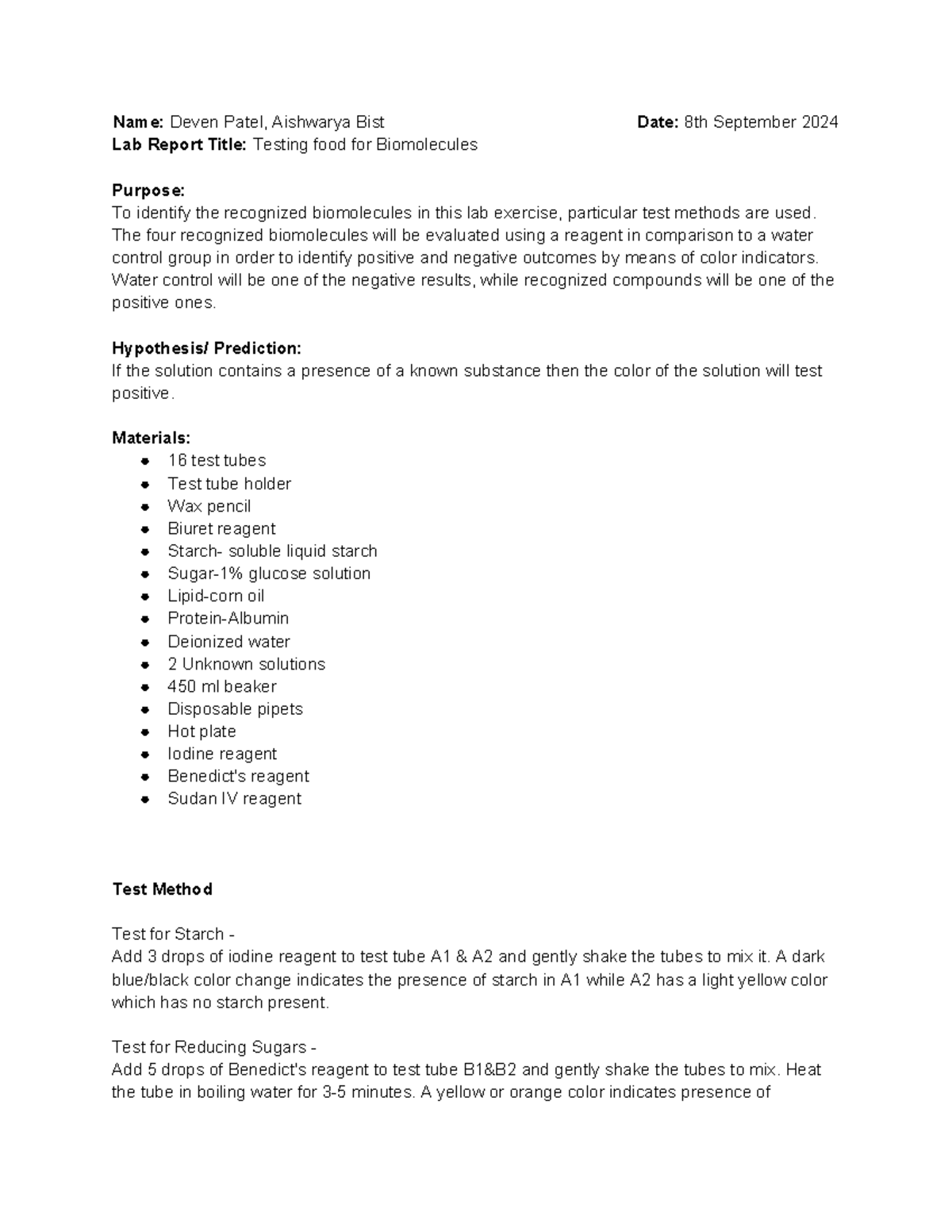 BIO LAB 1 - lab report 1 - Name: Deven Patel, Aishwarya Bist Date: 8th ...