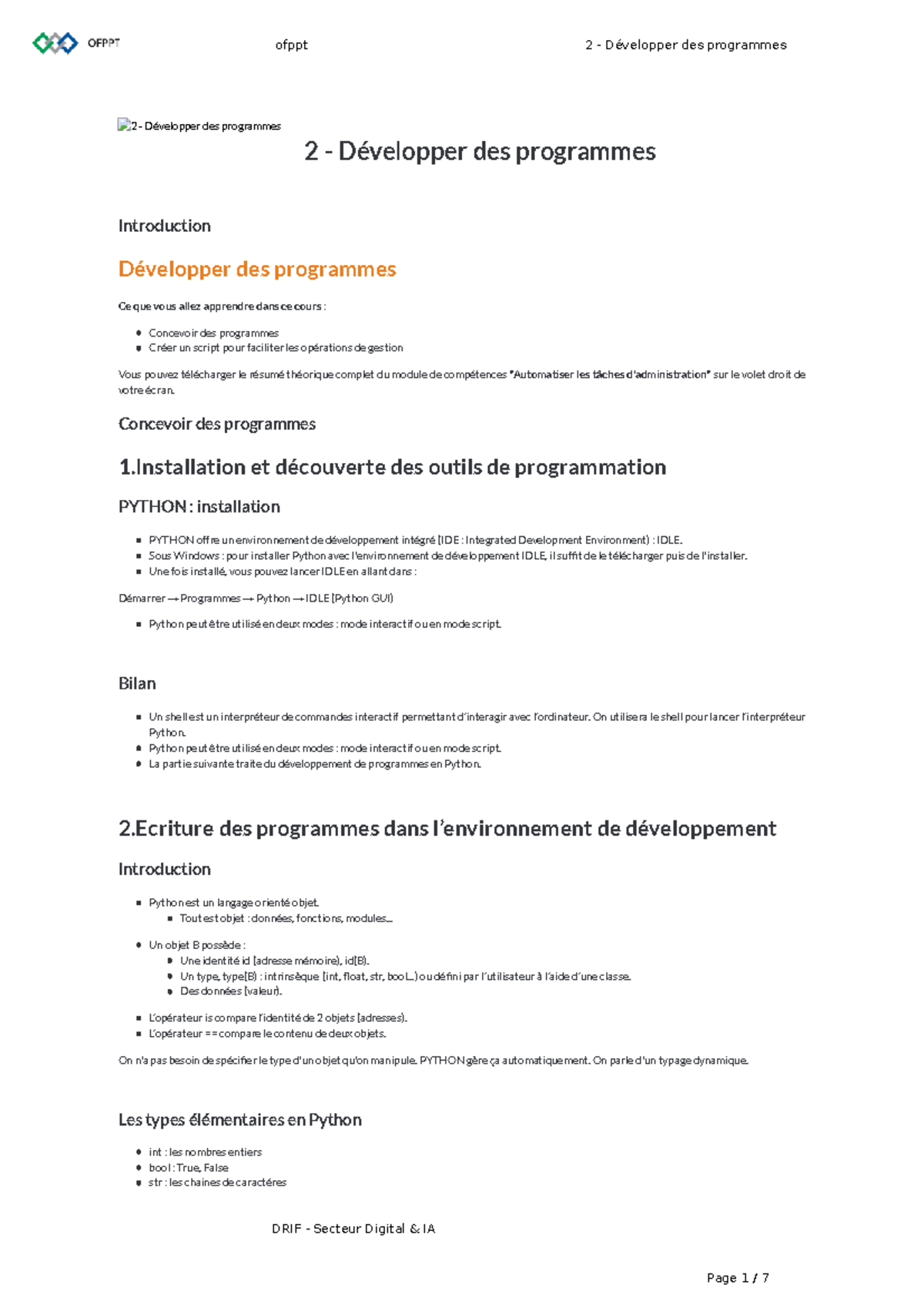 2 - Développer des programmes - Concevoir des programmes 1 et ...
