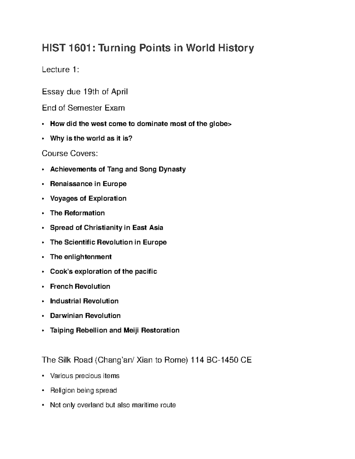 HIST 1601 Notes - HIST 1601: Turning Points in World History Lecture 1 ...