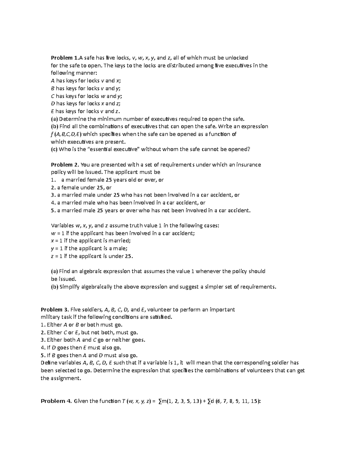 Assignment 1B - Group Assignment - Problem 1. A safe has five locks, v ...