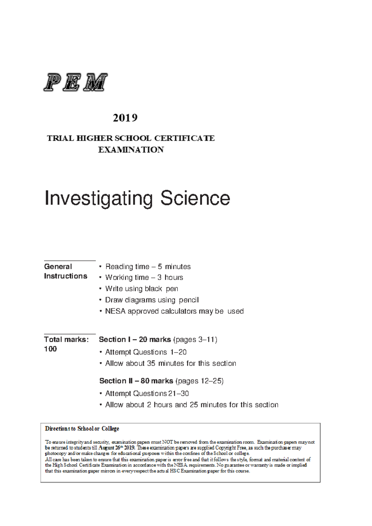 PEM 2019 Investigating Science Trial HSC Exam - Investigating Science ...