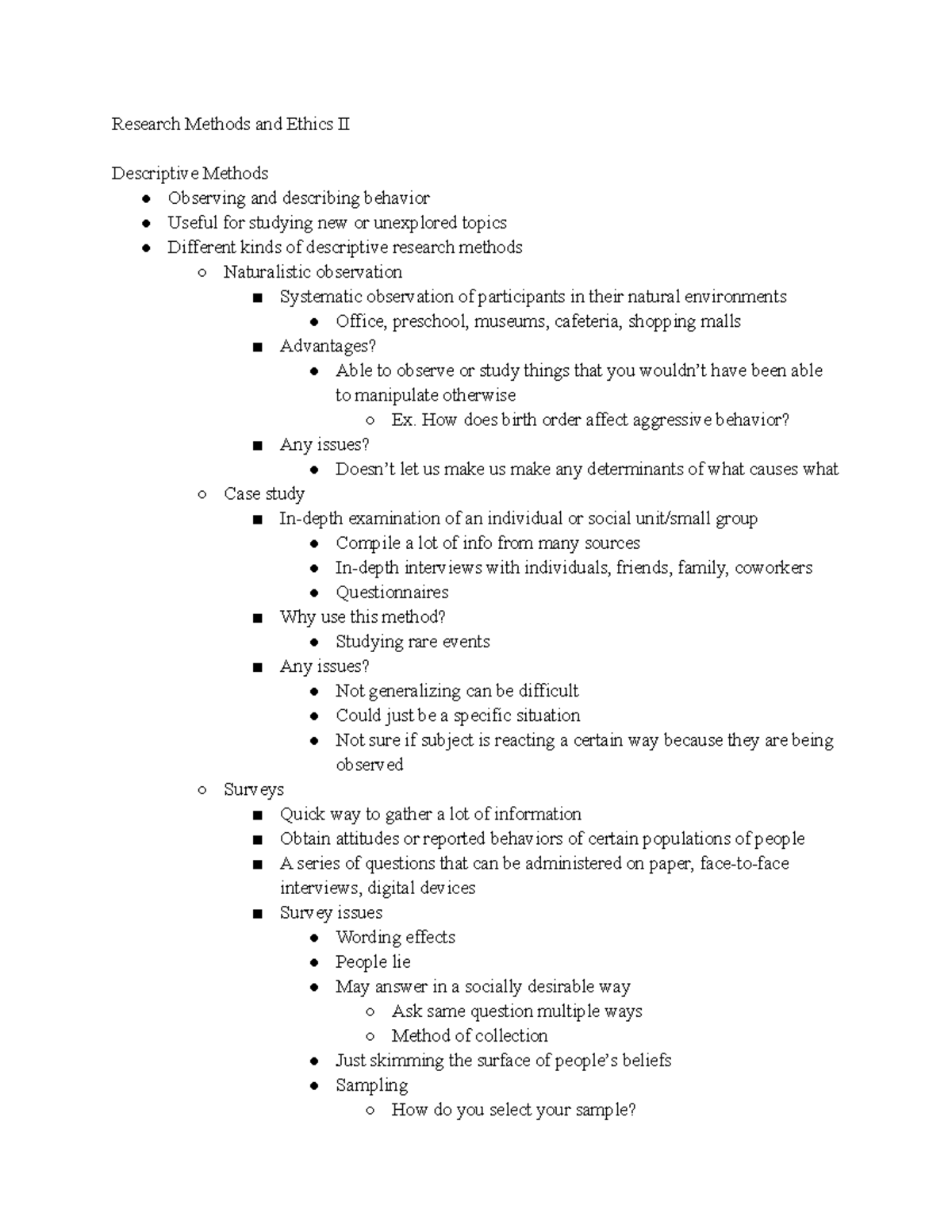 Intro to Psych - Lecture 3 - Research Methods and Ethics II Descriptive ...