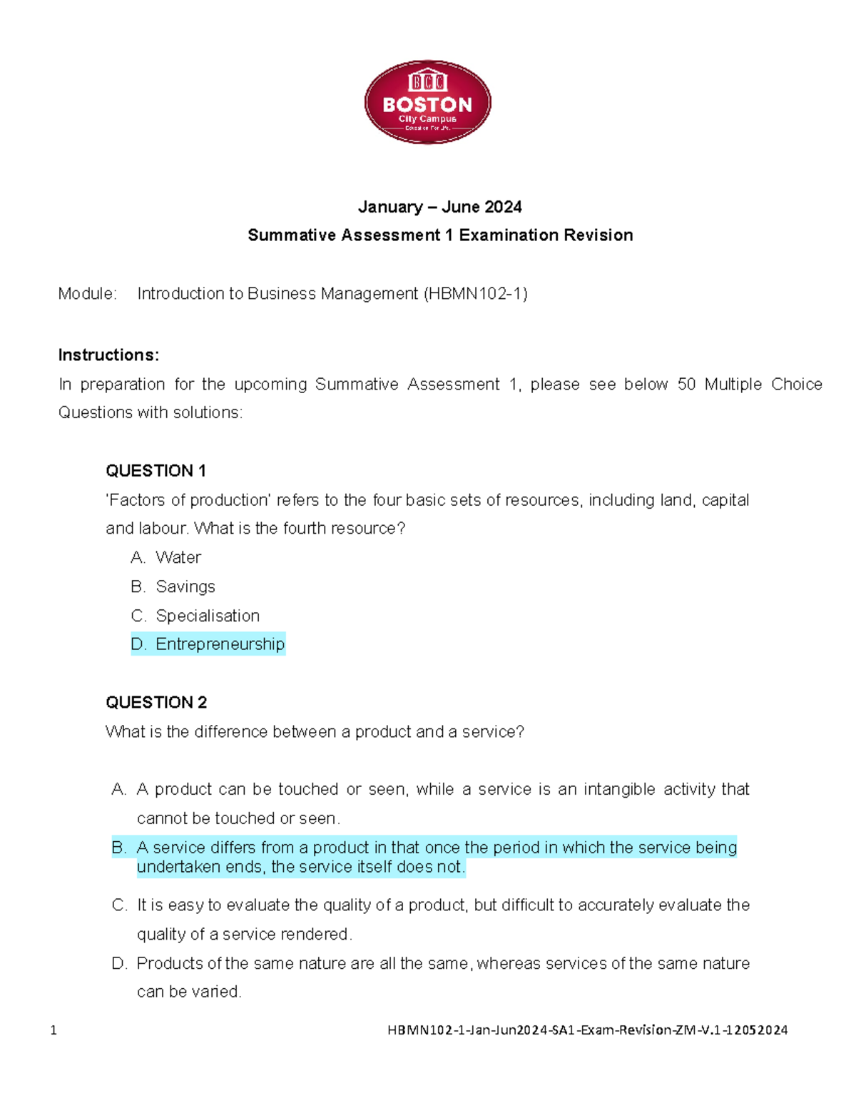 HBMN102 1 Jan June2024 SA1 Exam Revision ZM V1 12052024 - Module ...