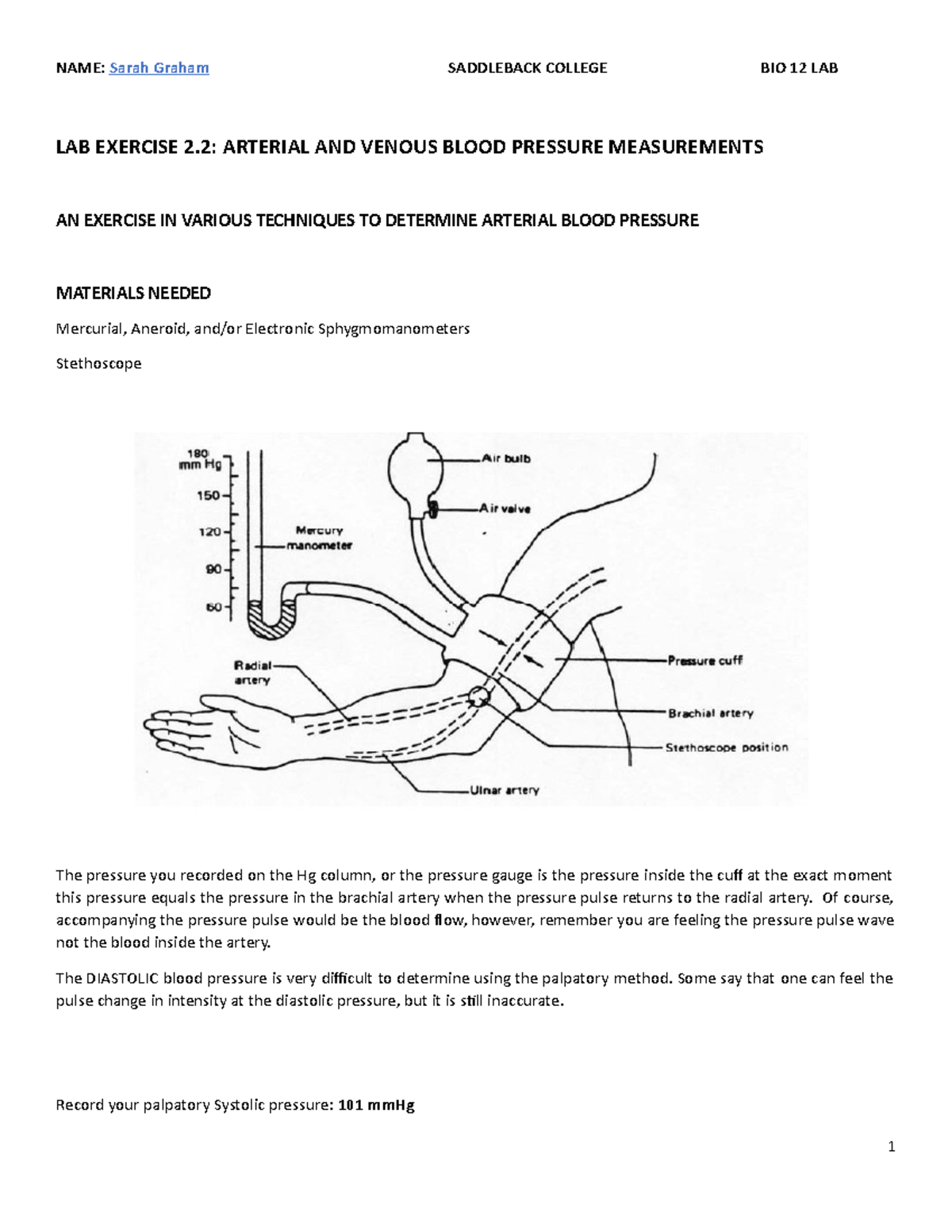 LAB Exercise 2.2 Arterial AND Venous BP Measurements - NAME: Sarah ...