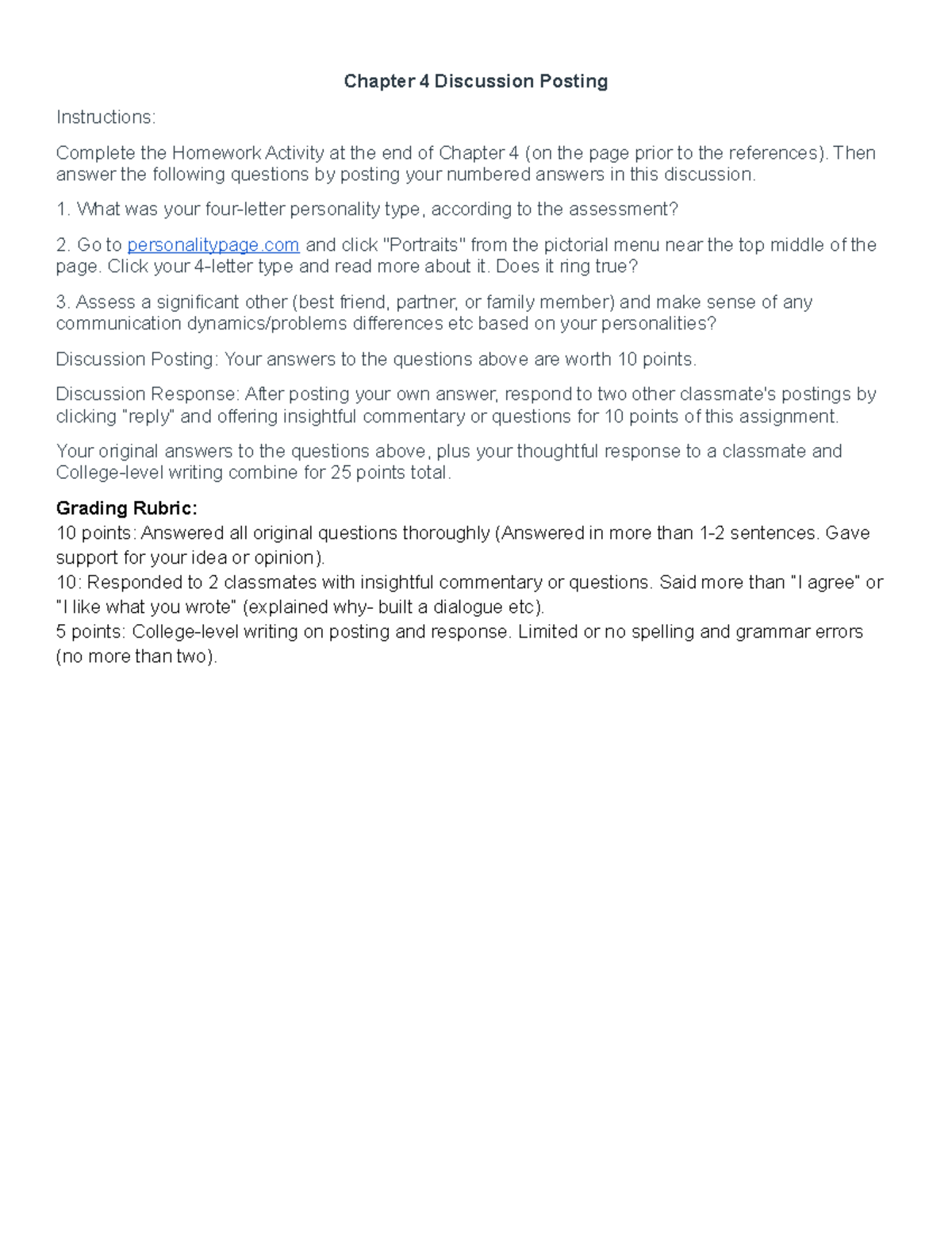 Chapt 4 Discussion - Myers Briggs assignment - Chapter 4 Discussion ...