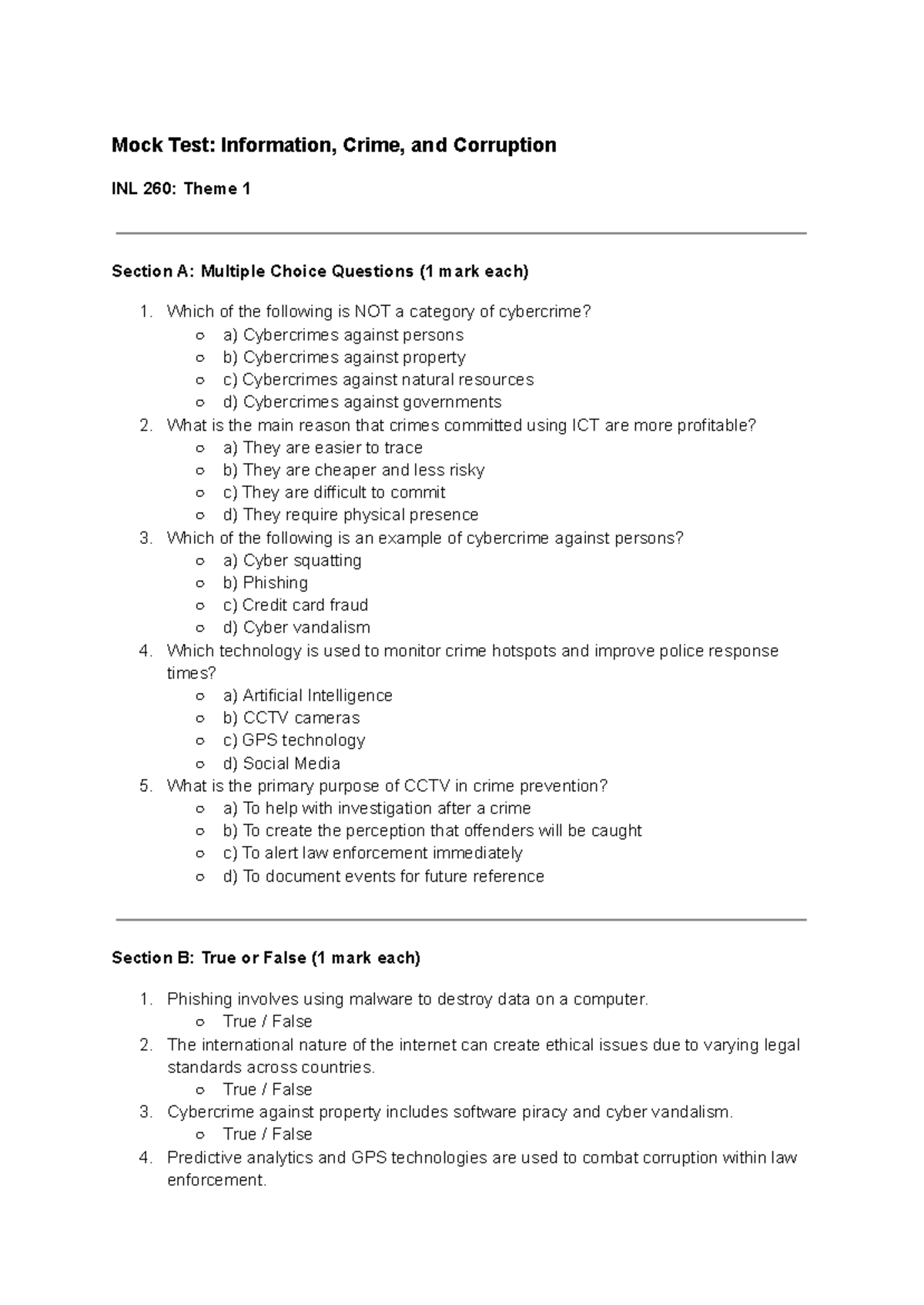 Theme 1 and 2 Mock test - mock questions - Mock Test: Information ...