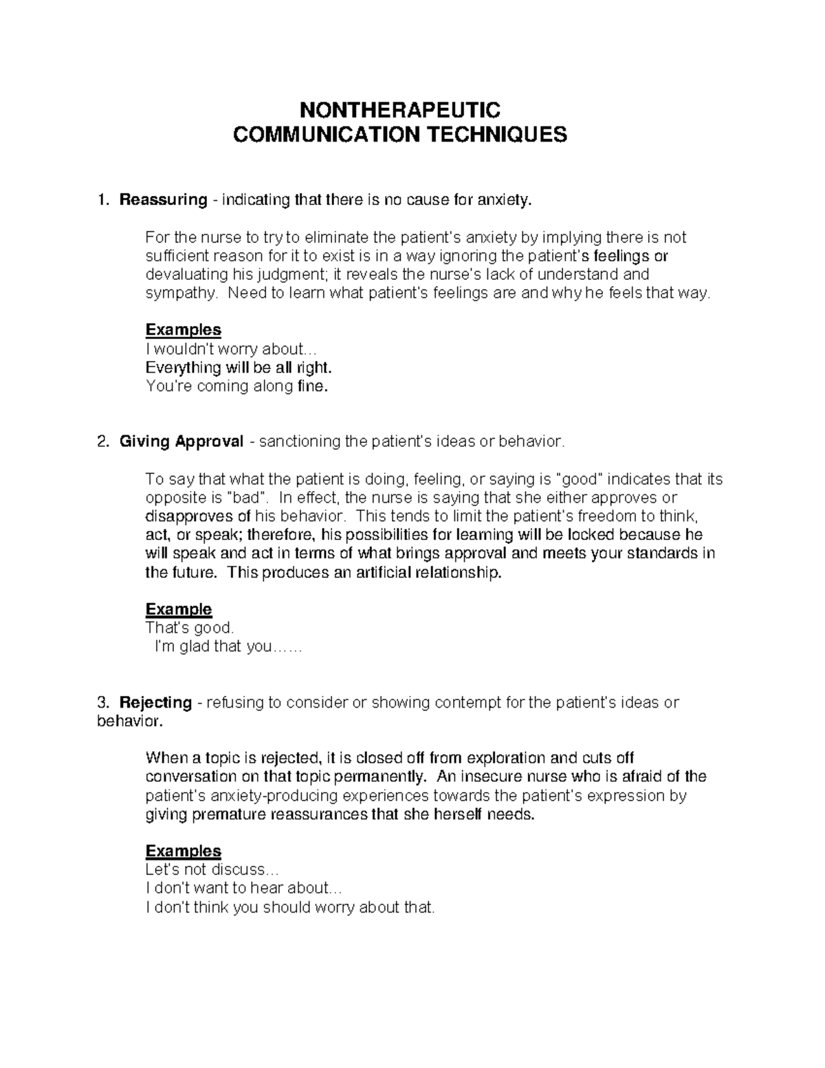 Nontherapeutic Communication Long Form - NONTHERAPEUTIC COMMUNICATION ...