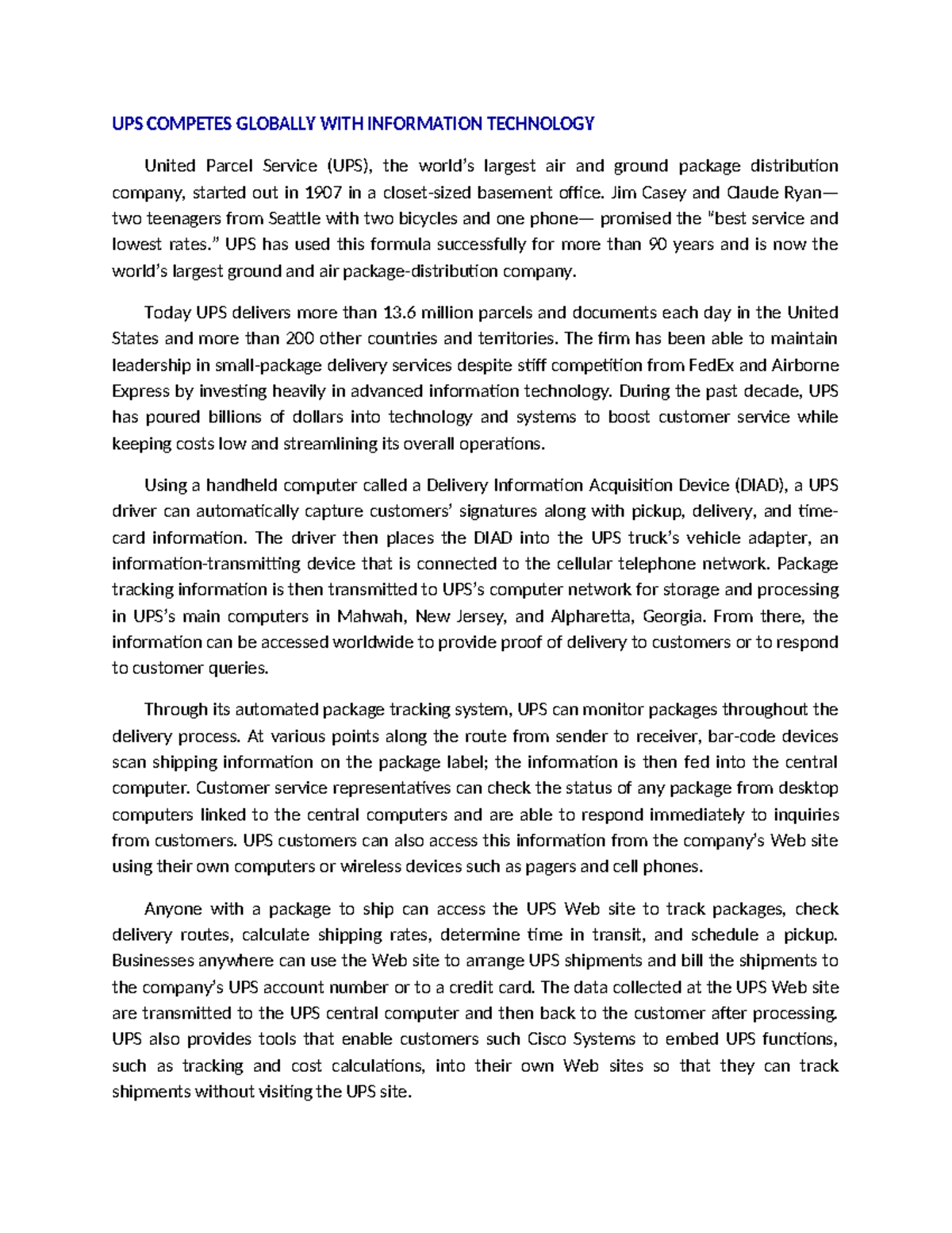 UPS Case study LSIC - UPS COMPETES GLOBALLY WITH INFORMATION TECHNOLOGY ...