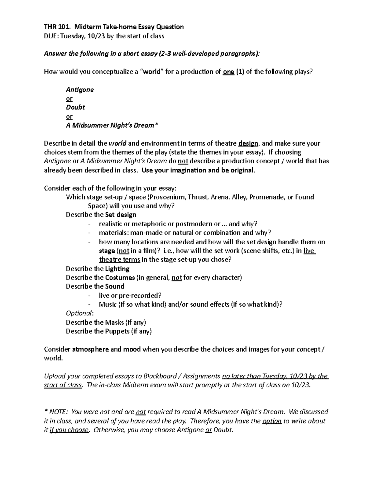 Midterm Take-home Ques THR 101 - THR 101. Midterm Take-home Essay ...
