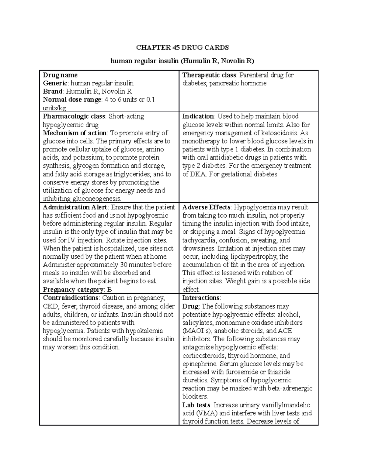 DRUG Cards Chapter 30-40 - CHAPTER 45 DRUG CARDS human regular insulin ...