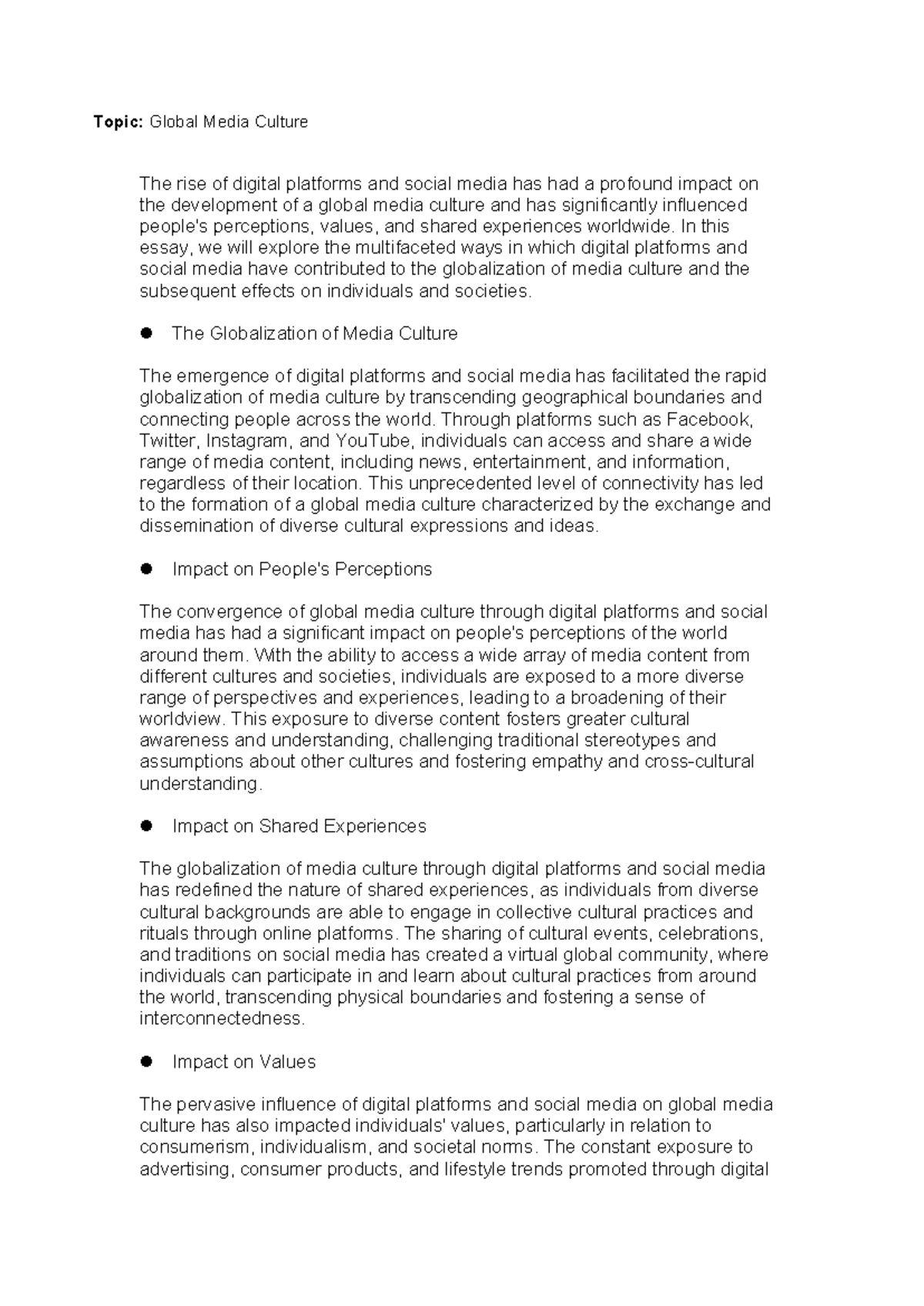 Global Media Culture - N/A - Topic: Global Media Culture The rise of ...