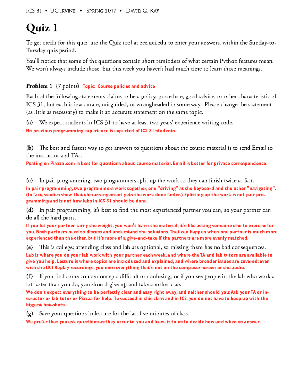 Quiz 1 Review... - ICS 31 • UC IRVINE • SPRING 2017 • DAVID G. KAY Quiz ...