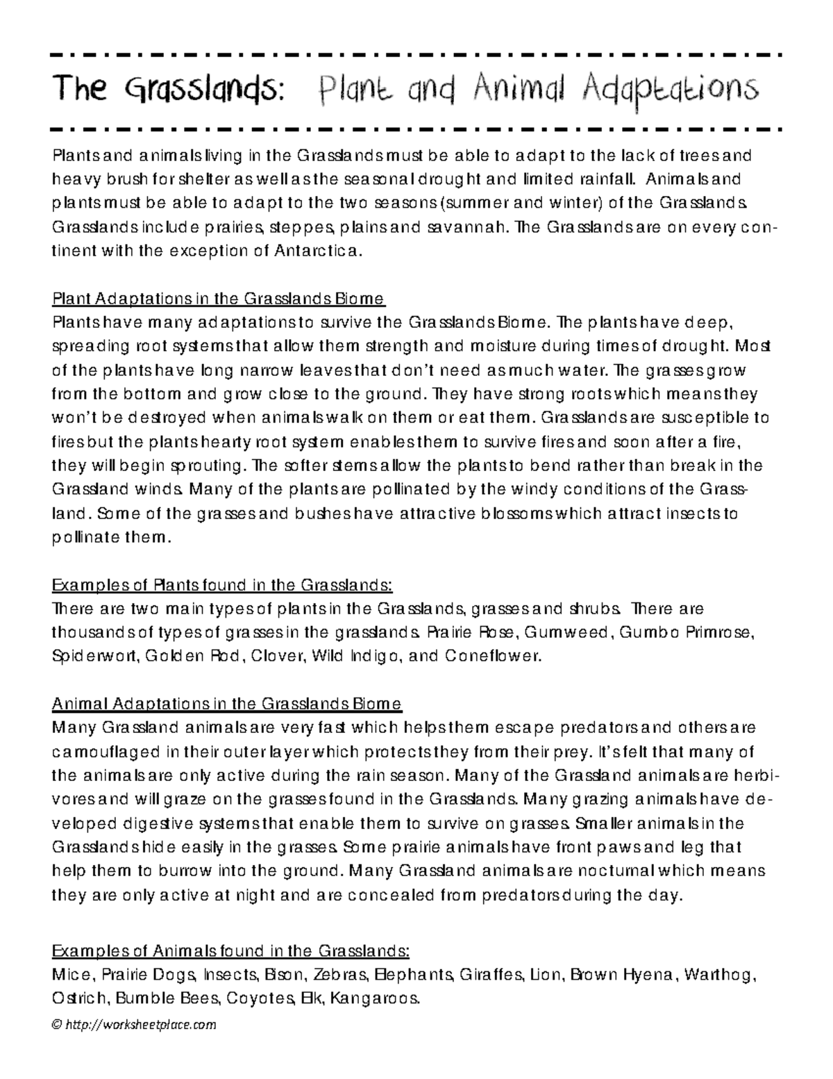 Grassland adaptations - © hƩp:worksheetplace Plants and animals living ...