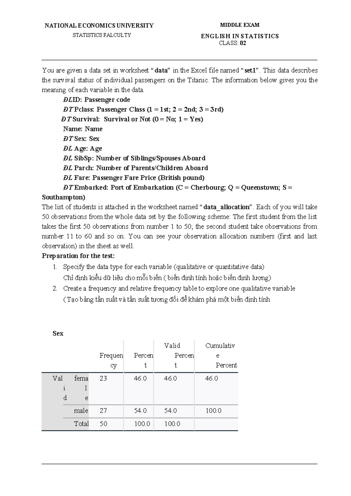 Middle exam 1 - tiếng anh - STATISTICS FALCULTY ENGLISH IN STATISTICS CLASS: 02 You are given a ...