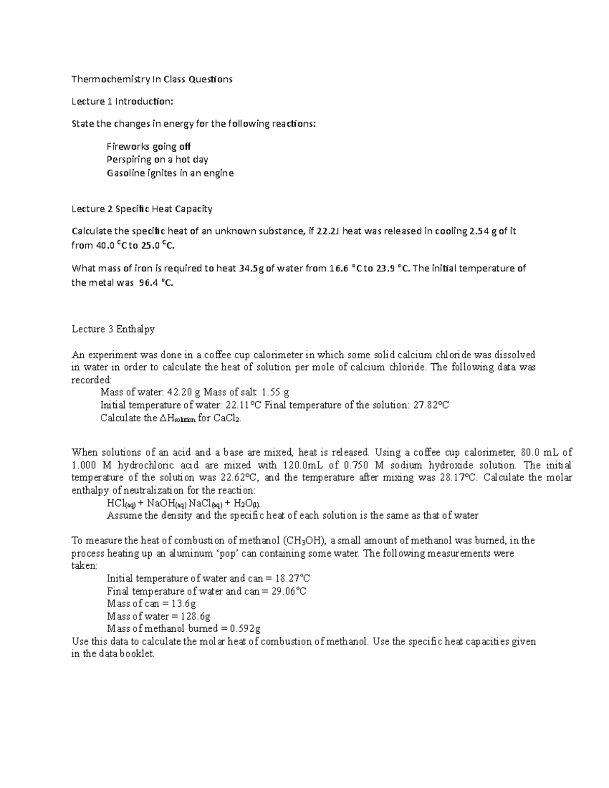 Thermochemistry In Class Questions - Thermochemistry In Class Questions ...