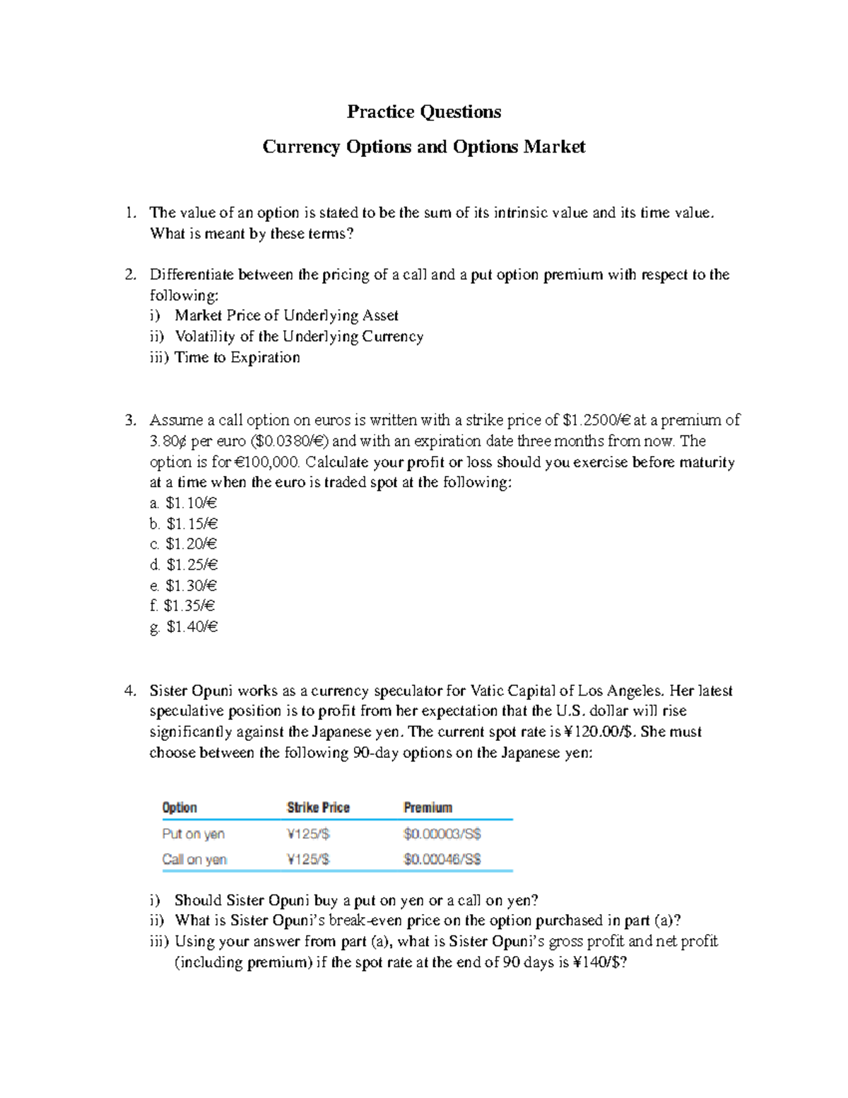 Options Practice Questions - Practice Questions Currency Options and ...