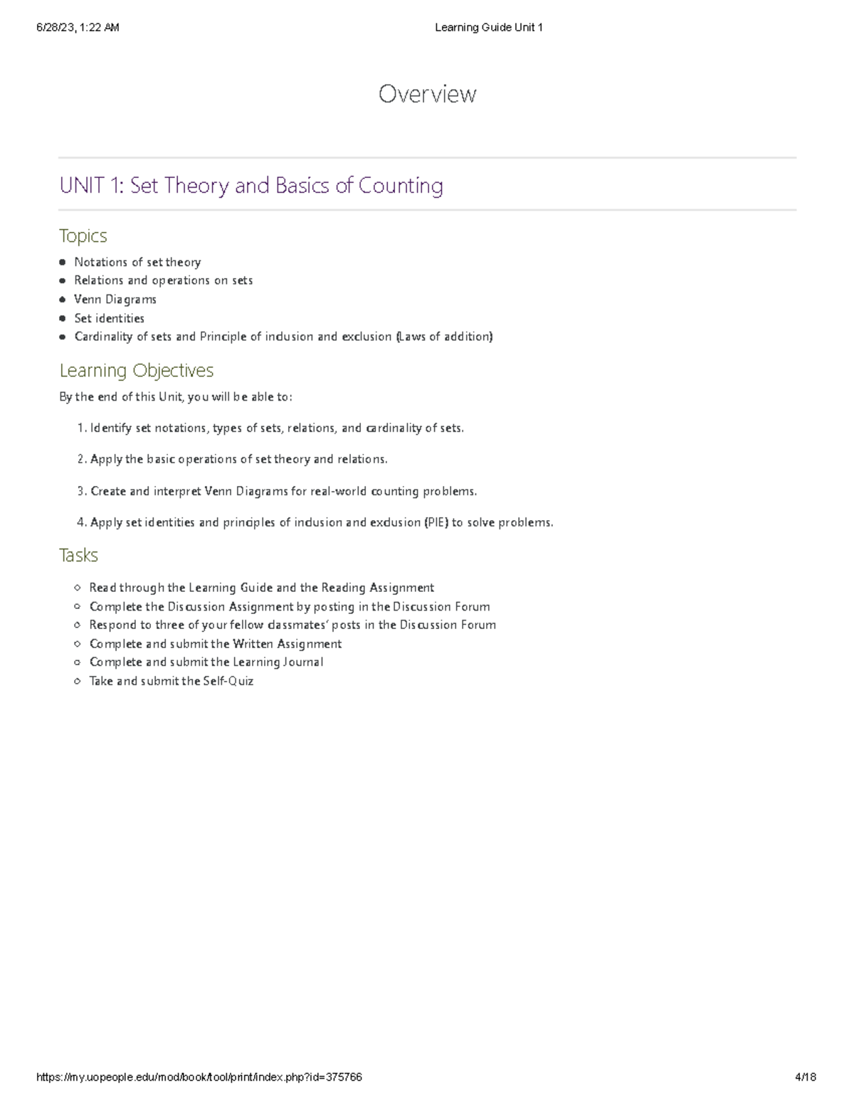 Learning Guide Unit 1 - Overview UNIT 1: Set Theory and Basics of Counting Topics Notations of ...