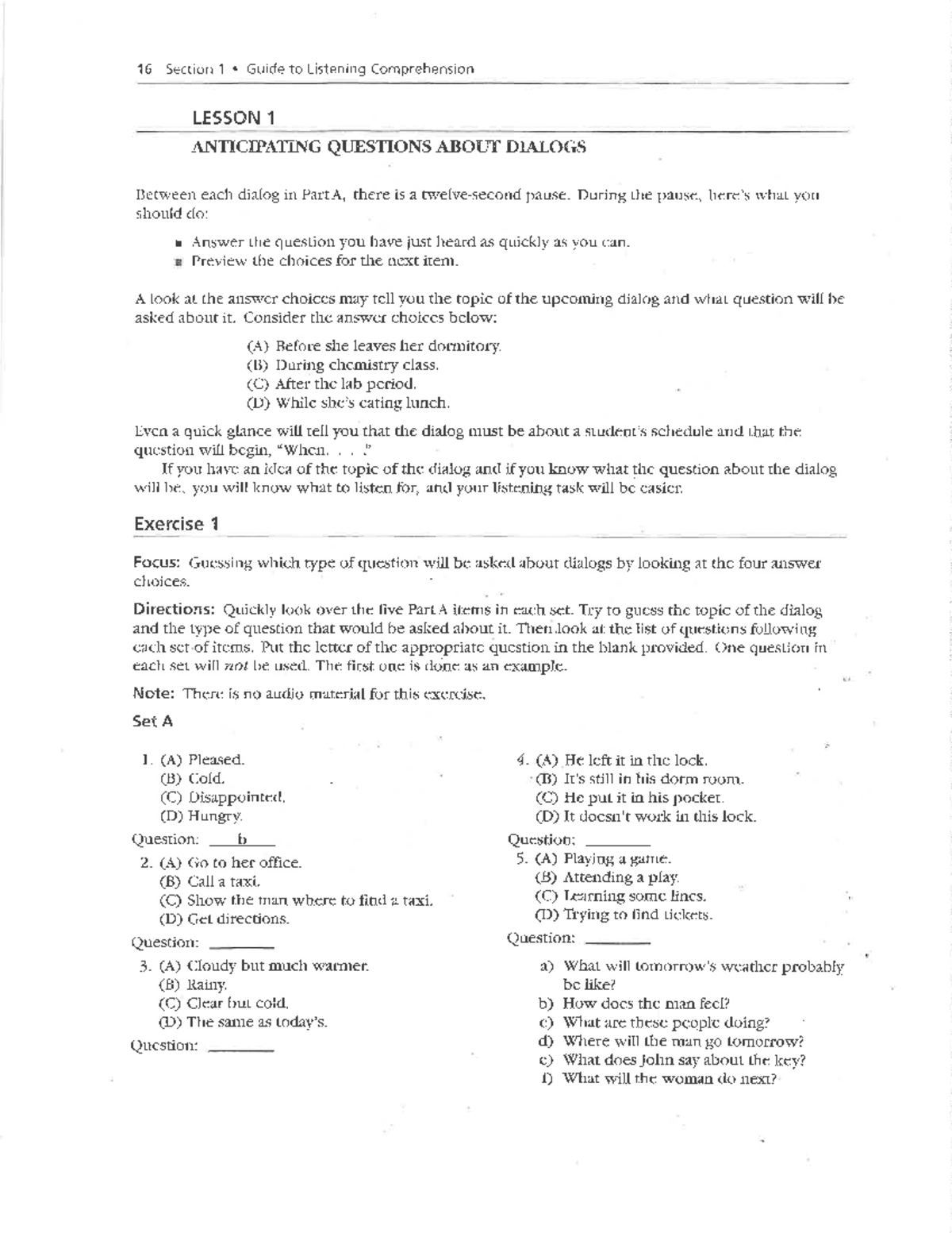Toeic - Lesson 1 - Anticipating questions about dialogs - 16 Section 1 ...