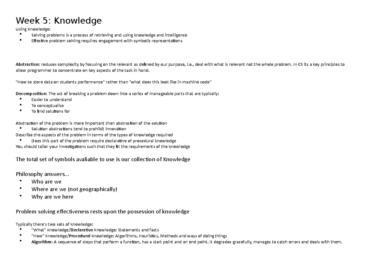Week 5 Knowledge - Week 5: Knowledge Using Knowledge: Solving problems ...