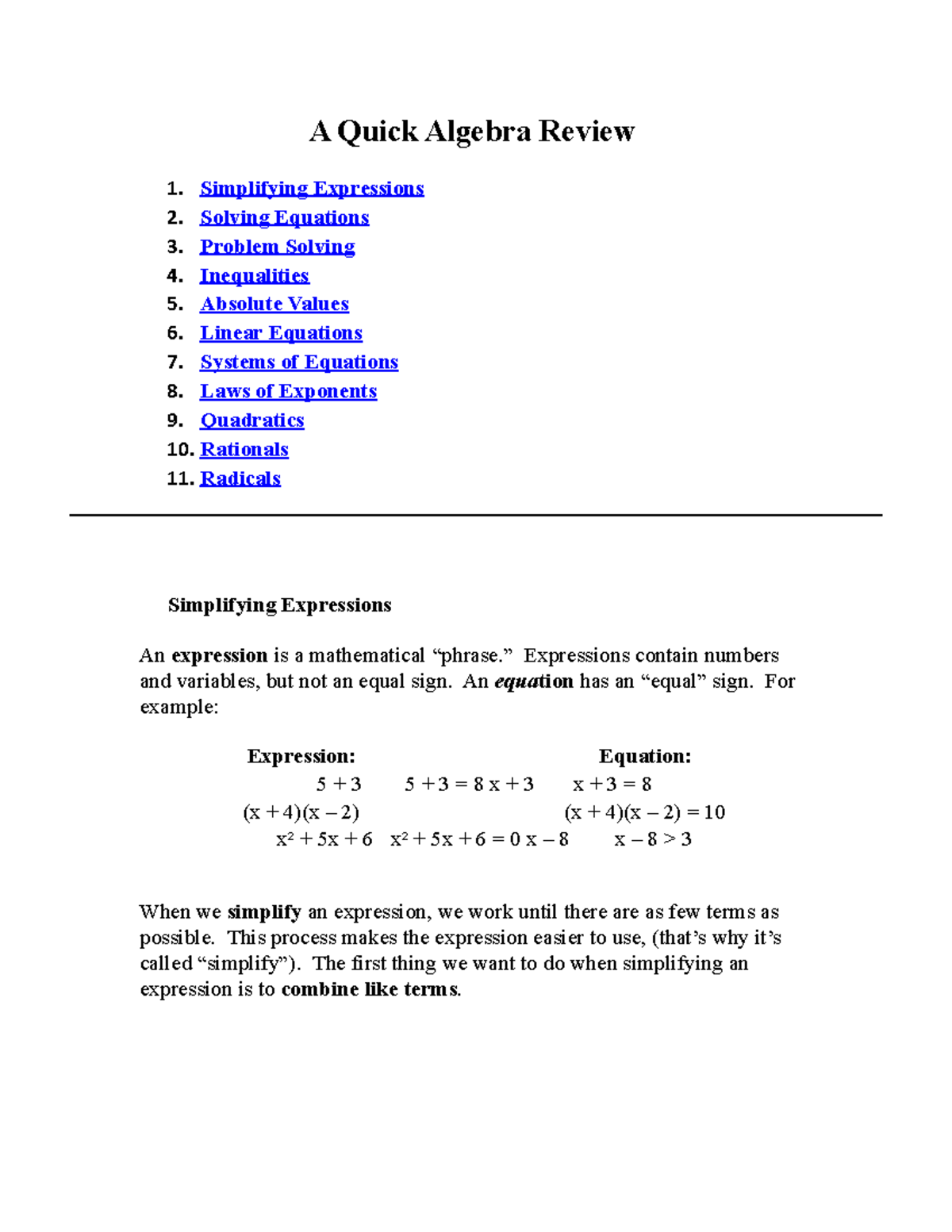 Algebra Review - xcsdzfsg - A Quick Algebra Review Simplifying ...