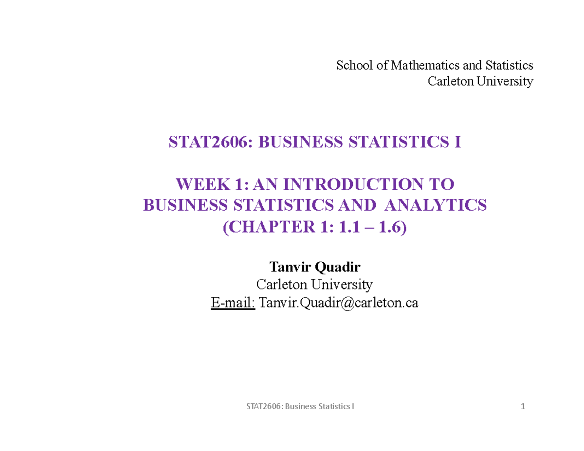 Week 1 (Chapter 1) - Warning: TT: undefined function: 32 STAT2606: BUSINESS STATISTICS I WEEK 1 ...