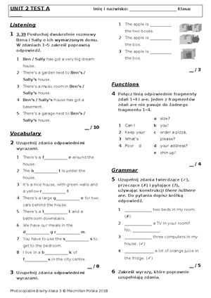 Together kl5 U1 Unit Test Standard A - Together dla 5 klasy Tests ...